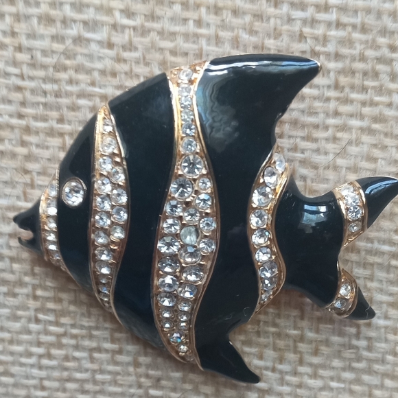 Swarovski | Jewelry | Swarovski Swan Angel Fish Brooch Black Enamel ...